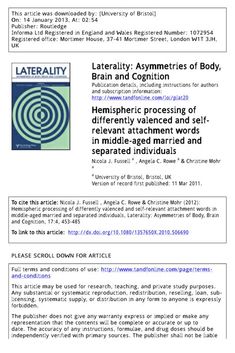 Pdf Hemispheric Processing Of Differently Valenced And Self Relevant Attachment Words In