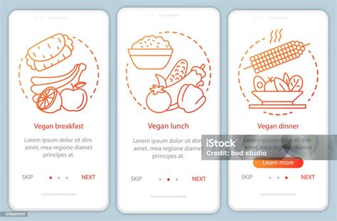 비건 영양 온보딩 모바일 앱 페이지 화면 벡터 템플릿입니다 채식 주의자 아침 식사 점심 및 저녁 식사 연습 웹 사이트 단계 선형 그림 Ux Ui Gui 스마트폰 인터페이스