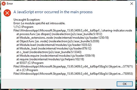 une erreur javascript windows 10