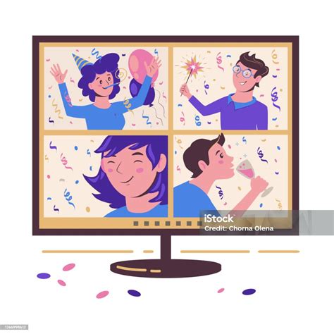친구와 온라인 파티 인터넷에서 생일 크리스마스와 새해를 축하합니다 모니터가 있는 축제 테이블 벡터 플랫 일러스트레이션 가상