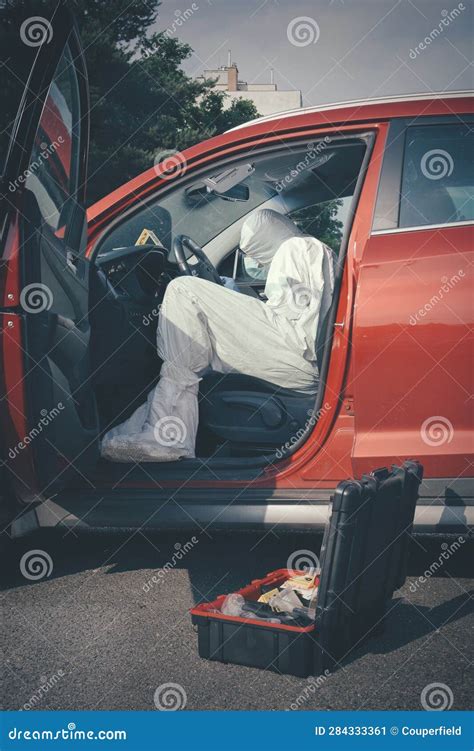 Csi Searching And Developing Of Fingerprints On Place Of Murder In Car Stock Image Image Of