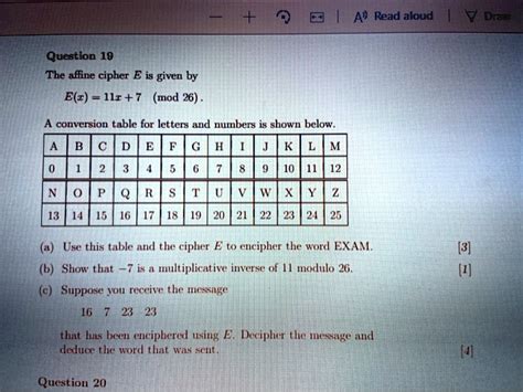 Solved Question 19 The Affine Cipher E Is Given By E Z Iz 7 Mod