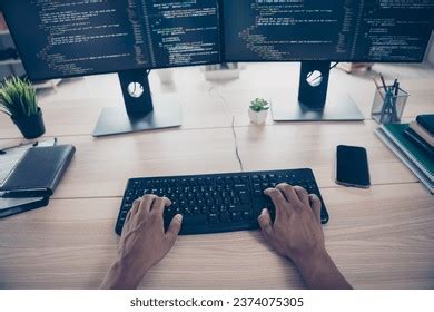 Close Pov Programmer Working Typing Keyboard Stock Photo 2374075305