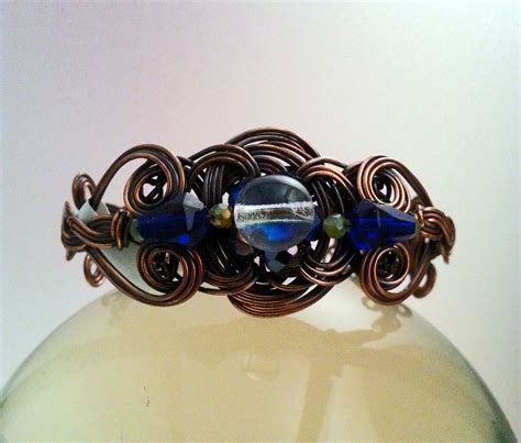 Wire Wrapped Copper Bracelet With Iridsecent Sphere And Cobalt Etsy