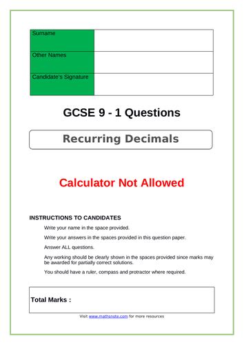 Recurring Decimals For Gcse 9 1 Teaching Resources