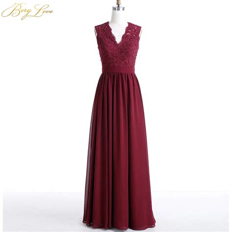 Buy Berylove Long V Neck Burgundy Beaded Lace Evening