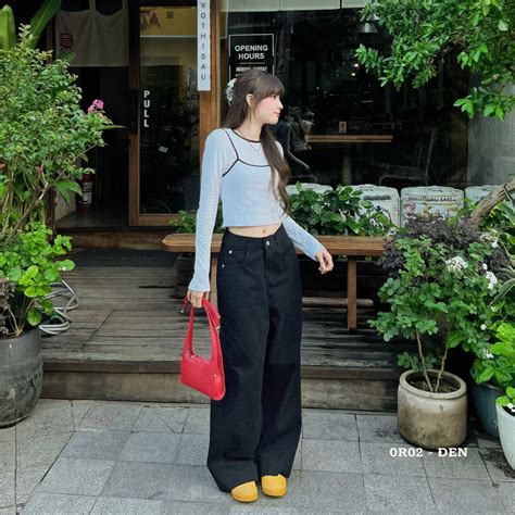 Quần Jeans Bò ống Rộng Meisy Vải Denim Màu Xanh đậm Màu Xanh Nhạt Chất