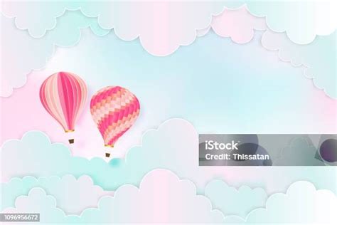 뜨거운 공기 풍선 여행 및 여행 개념으로 파스텔 하늘 배경에 종이 예술과 공예 스타일 벡터 일러스트 레이 션 관광에 대한 스톡