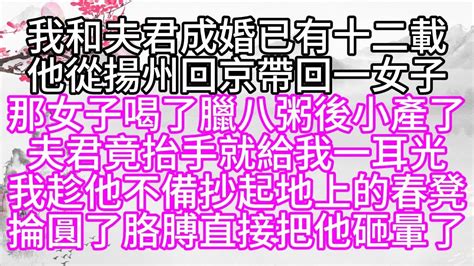 我和夫君成婚已有十二載，他從揚州回京，帶回一女子，那女子喝了臘八粥後，小產了，夫君竟抬手就給我一耳光，我趁他不備，抄起地上的春凳，掄圓了胳膊