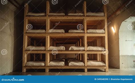 Wooden Bunk Beds Inside A Concrete Nuclear Bunker Or Shelter Stock