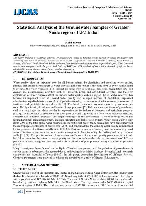 Pdf Statistical Analysis Of The Groundwater Samples Of Greater Noida