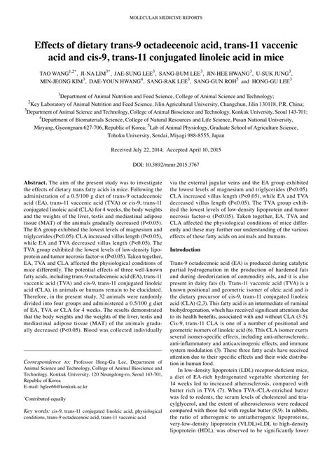 Pdf Effects Of Dietary Trans‑9 Octadecenoic Acid Trans‑11 Vaccenic