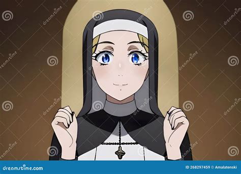 Joyful Anime Manga Girl In A Nun Outfit Standing In A Monastery