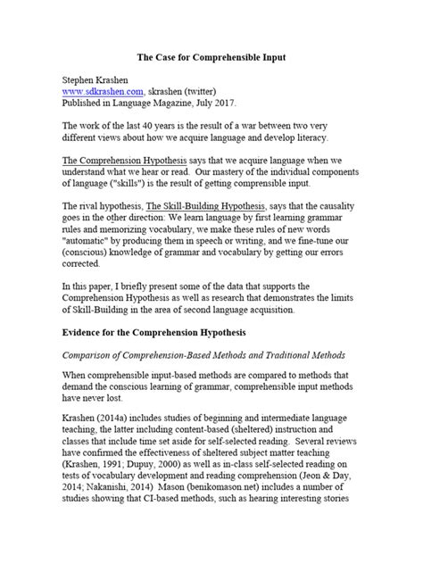 Case For Comprehensible Input Pdf English As A Second Or Foreign