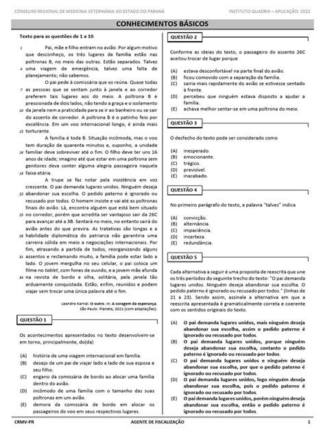Quadrixcadprova200 201agentefiscalizacaocrmv Prconcurso2022