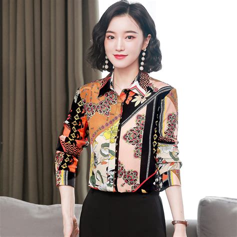 Badu Bg Дамски сатенени копринени ризи Пролет Лято Дълги ръкави Модни флорални щампи Дамски