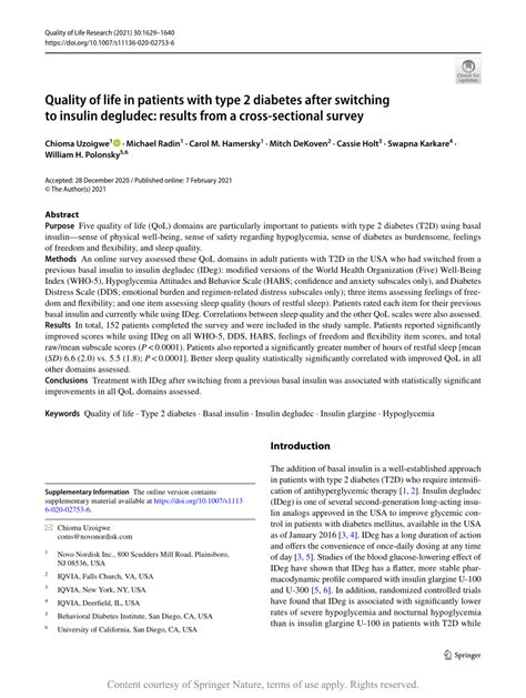 Pdf Quality Of Life In Patients With Type 2 Diabetes After Switching