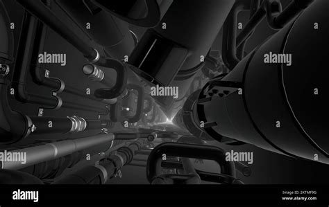 Flying Through Monochrome Industrial Abstract Tunnel Motion Black And White Tubes And Pipes