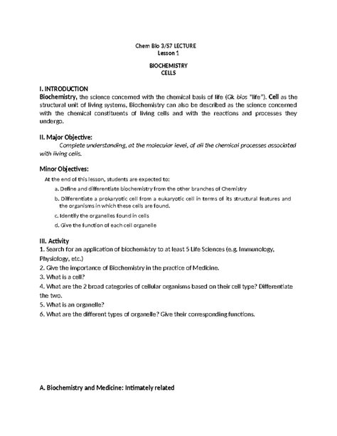 Lec M1 Bchem And Cells Introduction To Biochemistry Chem Bio 3s7