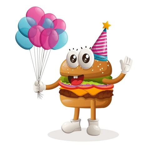 Design De Mascote De Hambúrguer Bonito Usando Um Chapéu De Aniversário