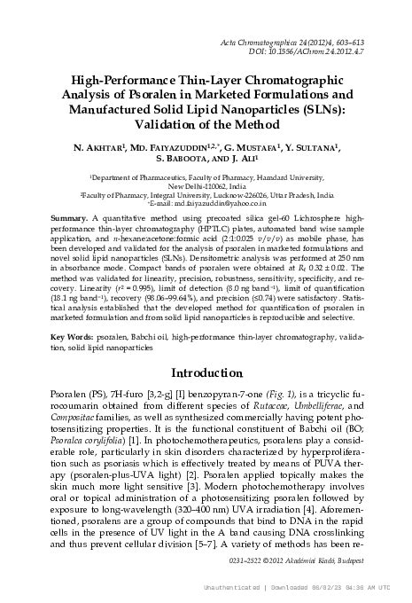 Pdf High Performance Thin Layer Chromatographic Analysis Of Psoralen In Marketed Formulations