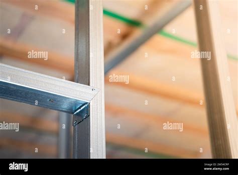 Stiffening Ribs In A Metal Profile Frame In A Plasterboard Wall Close