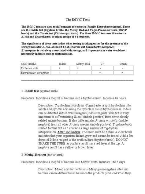 E Coli And Enterobacter Work In Groups Of 4 5 Students The Imvic