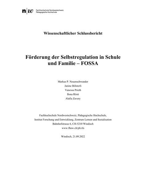 PDF Förderung der Selbstregulation in Schule und Familie FOSSA Wissenschaftlicher