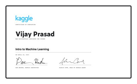 Vijay Prasad Completed The Intro To Machine Learning Course On Kaggle