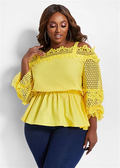 Plus Size Crochet Peasant Sleeve Cold Shoulder Peplum Party Tops Tops