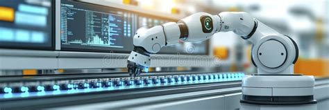Advanced Robotic Arm Interfacing With Digital Screens Stock