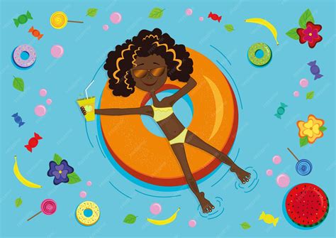 Premium Vector Summer Happy Girl In The Pool On Inflatable Ring
