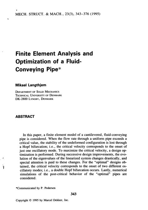 Pdf Finite Element Analysis And Optimization Of A Fluid Conveying Pipe