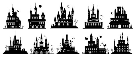 박쥐 달 유령 묘지 십자가 묘지 나무가 있는 할로윈 실루엣 하우스 세트 죽은 벡터 그림의 날입니다 묘지에 소름 끼치는 건물 10월에 대한 스톡 벡터 아트 및 기타 이미지