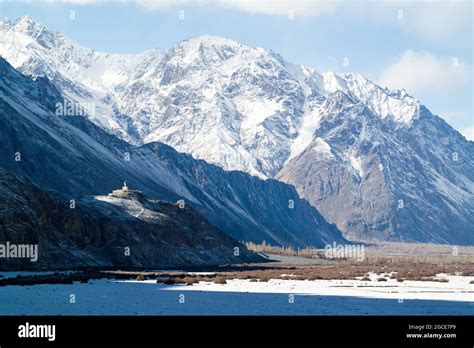Diskit Monastery Below Massive Ladakh Mountains In Nubra Valley Stock