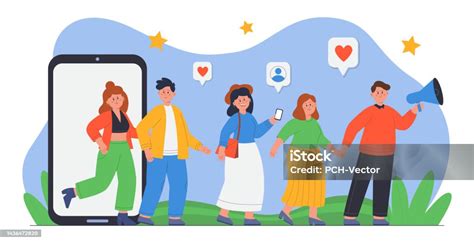 전화 화면 평면 벡터 일러스트레이션에서 표시되는 사람들 가상현실에 대한 스톡 벡터 아트 및 기타 이미지 가상현실 개념