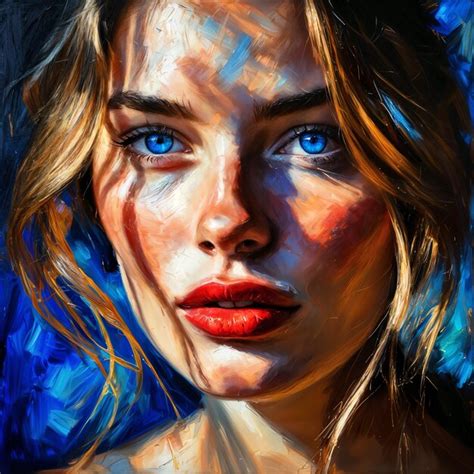 A Portrait Of A Woman With Blue Eyes And Red Lips Set Against A Blue
