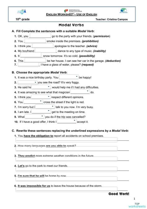 Modal Verbs 10th Grade Interactive Worksheet Topworksheets