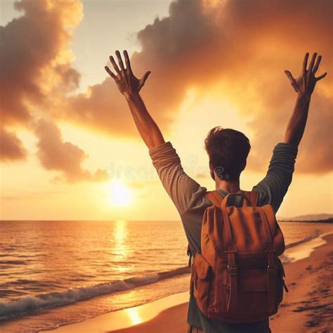 Happy Man Raising His Hands Up While Enjoying The Sunset On The Beach