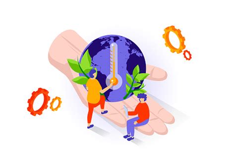 3d 아이소메트릭 디자인의 에코 라이프스타일 개념 지구 온난화와 기후 변화에 맞서 싸우는 사람들은 환경 친화적 인 기술을