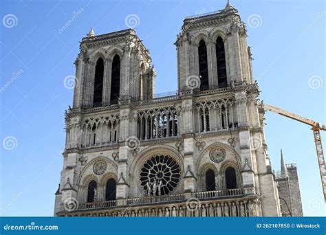 Paris France February 24 2021 Notre Dame Cathedral With A Crane In