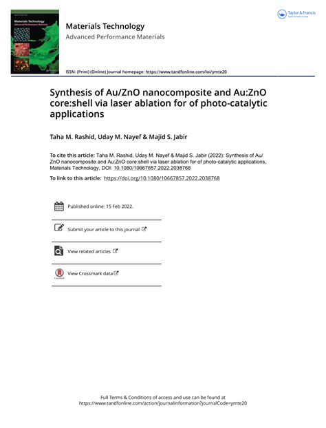 Pdf Synthesis Of Auzno Nanocomposite And Auzno Coreshell Via Laser Ablation For Of Photo