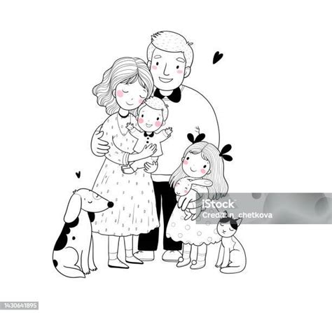 ครอบครัวการ์ตูนน่ารักและแมวกับสุนัข แม่พ่อและลูก ๆ คนที่มีความสุข