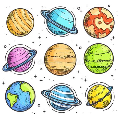 Handdrawn Colorful Planets Stars White Background Space Celestial Bodies Sketch Solar System
