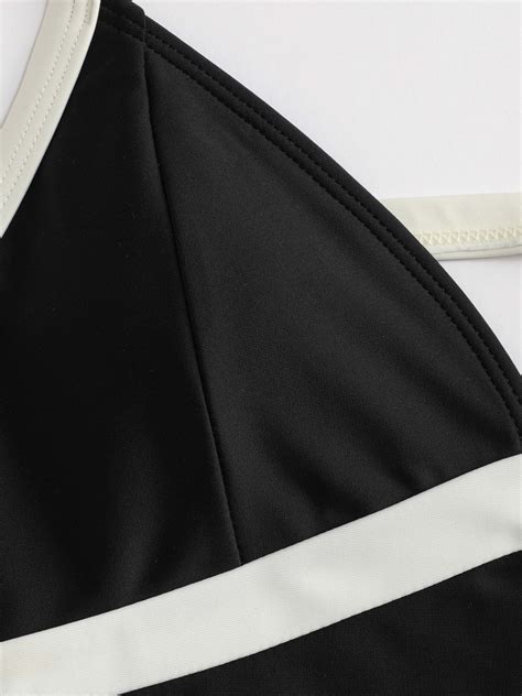 Knit Fabric V Neck Halter Contrast Binding One Piece Swimsuit For