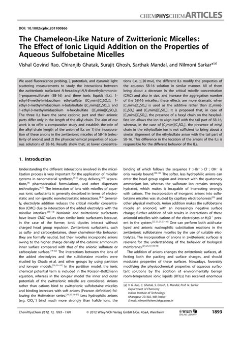 Pdf The Chameleon Like Nature Of Zwitterionic Micelles The Effect Of