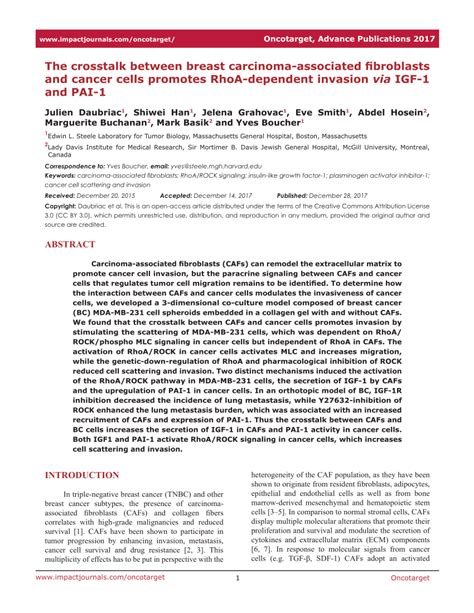 Pdf The Crosstalk Between Breast Carcinoma Associated Fibroblasts And