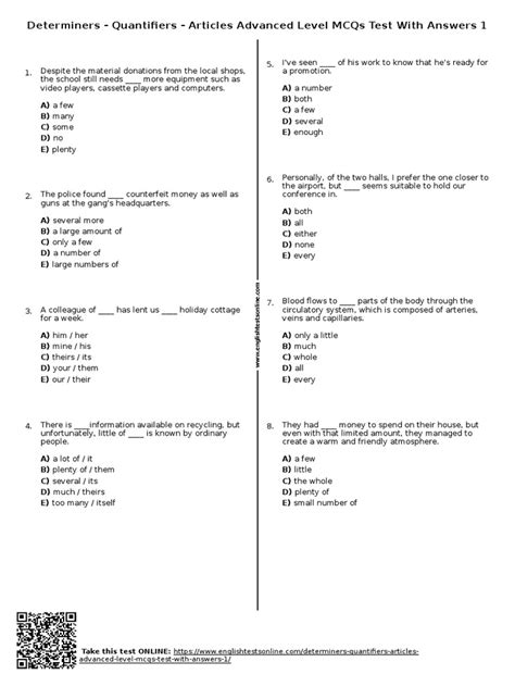 908 Determiners Quantifiers Articles Advanced Level Mcqs Test With Answers 1 Pdf Multiple