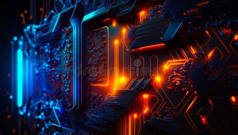 An Electronic Circuit Board With Glowing Orange And Blue Lights