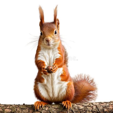 Cute Red Squirrel Sciurus Vulgaris Perched Fluffy Tail Curled Holding